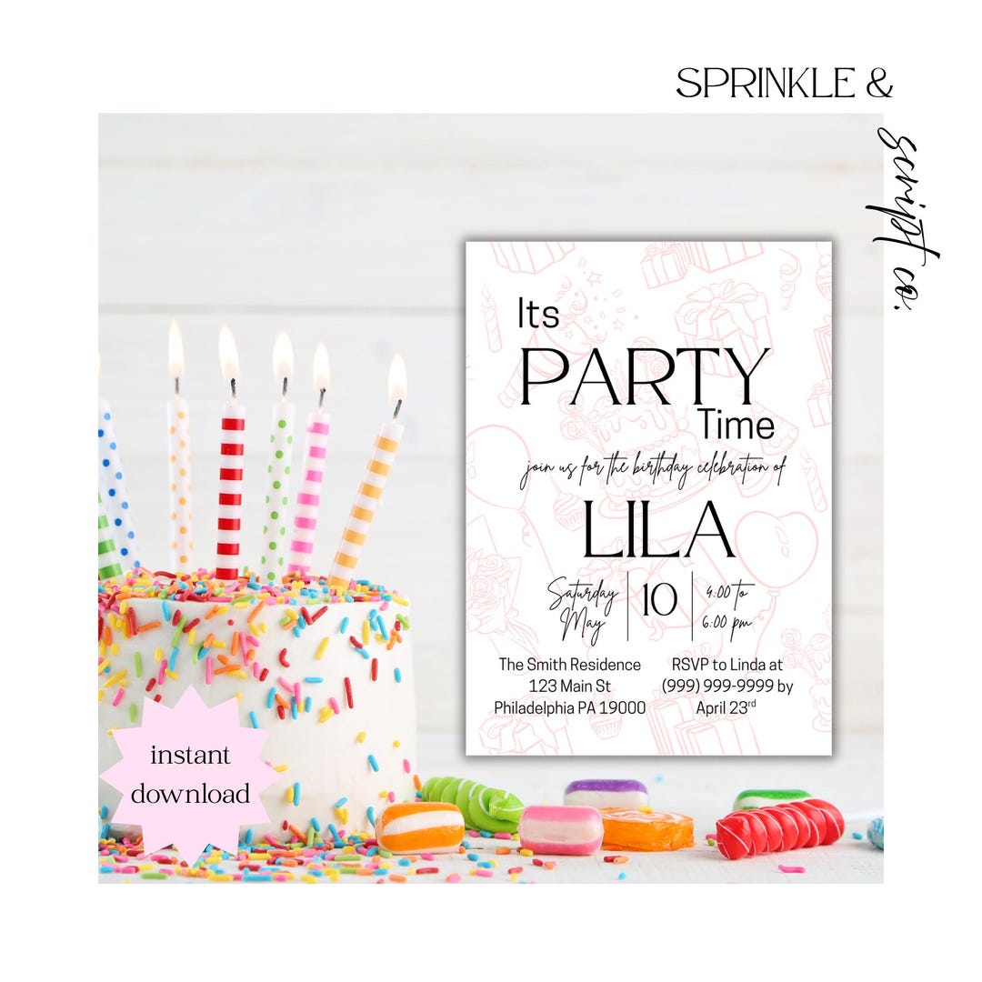 Editable Birthday Party Time Invitation Template - Any Age & Gender ...