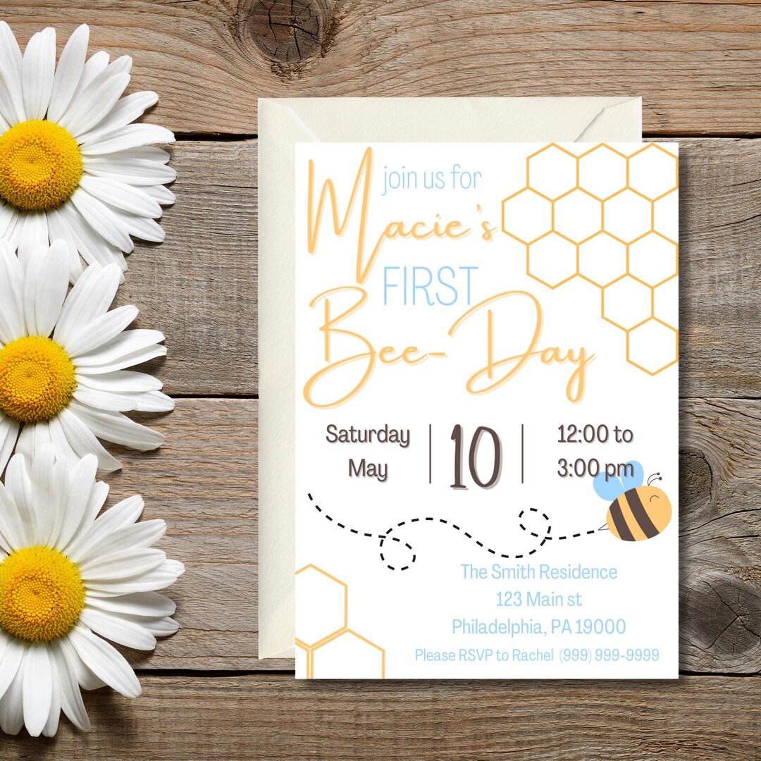 First Bee-day Birthday Invitation | Editable Bumble Bee 1st Birthday ...