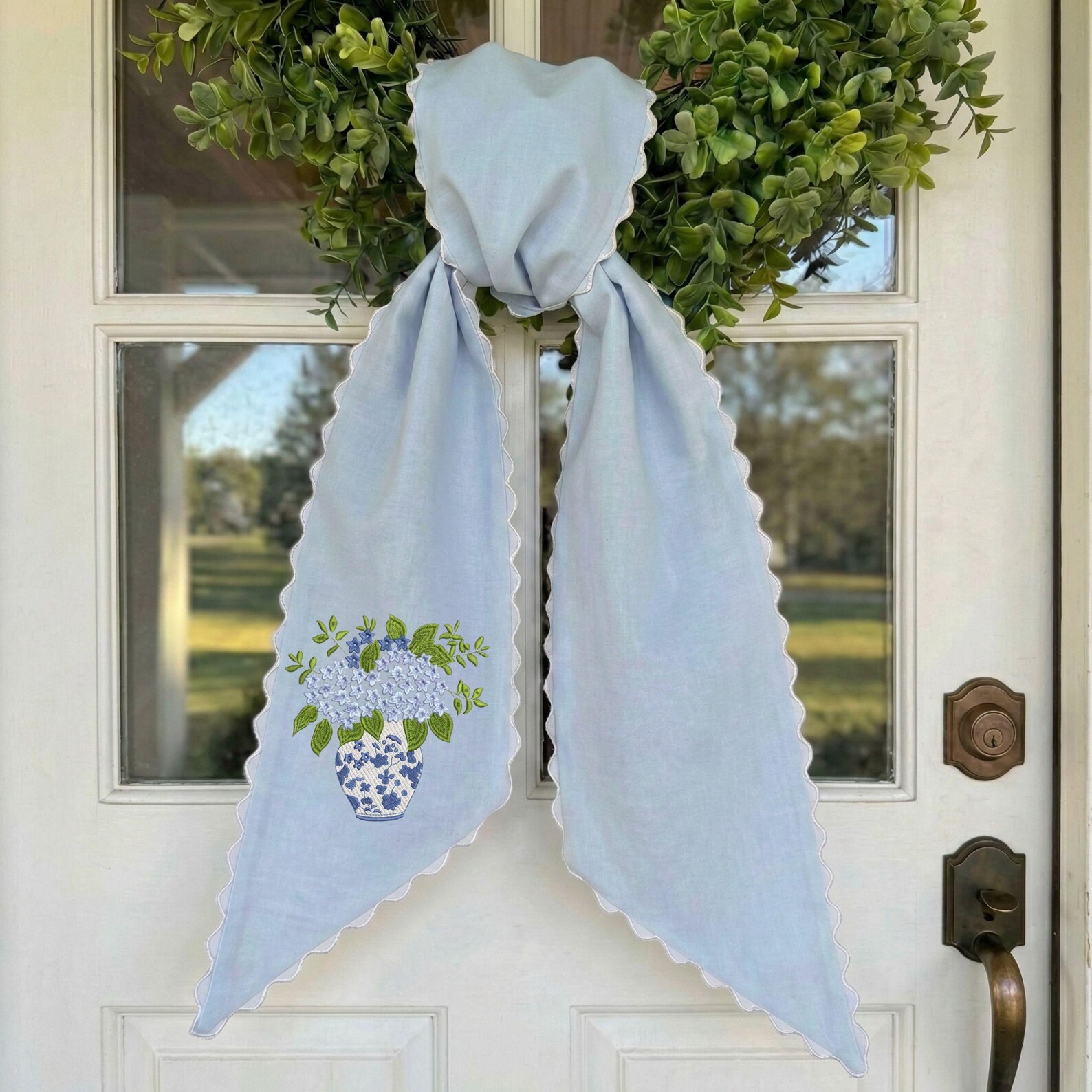 Embroidered Spring Floral Wreath Sash, Light Blue Scalloped Fabric ...