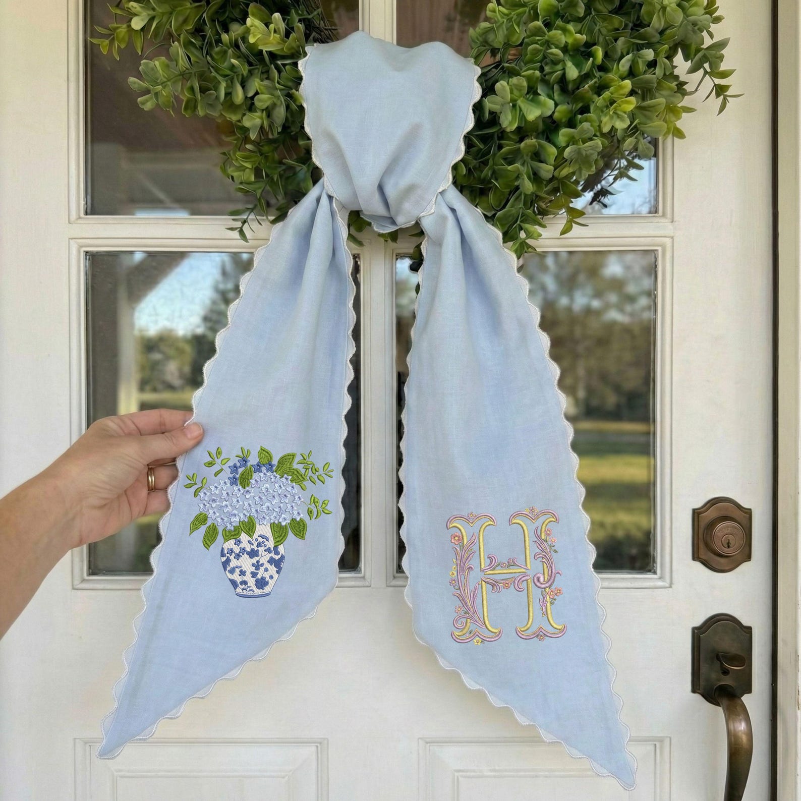 Embroidered Spring Floral Wreath Sash, Light Blue Scalloped Fabric ...