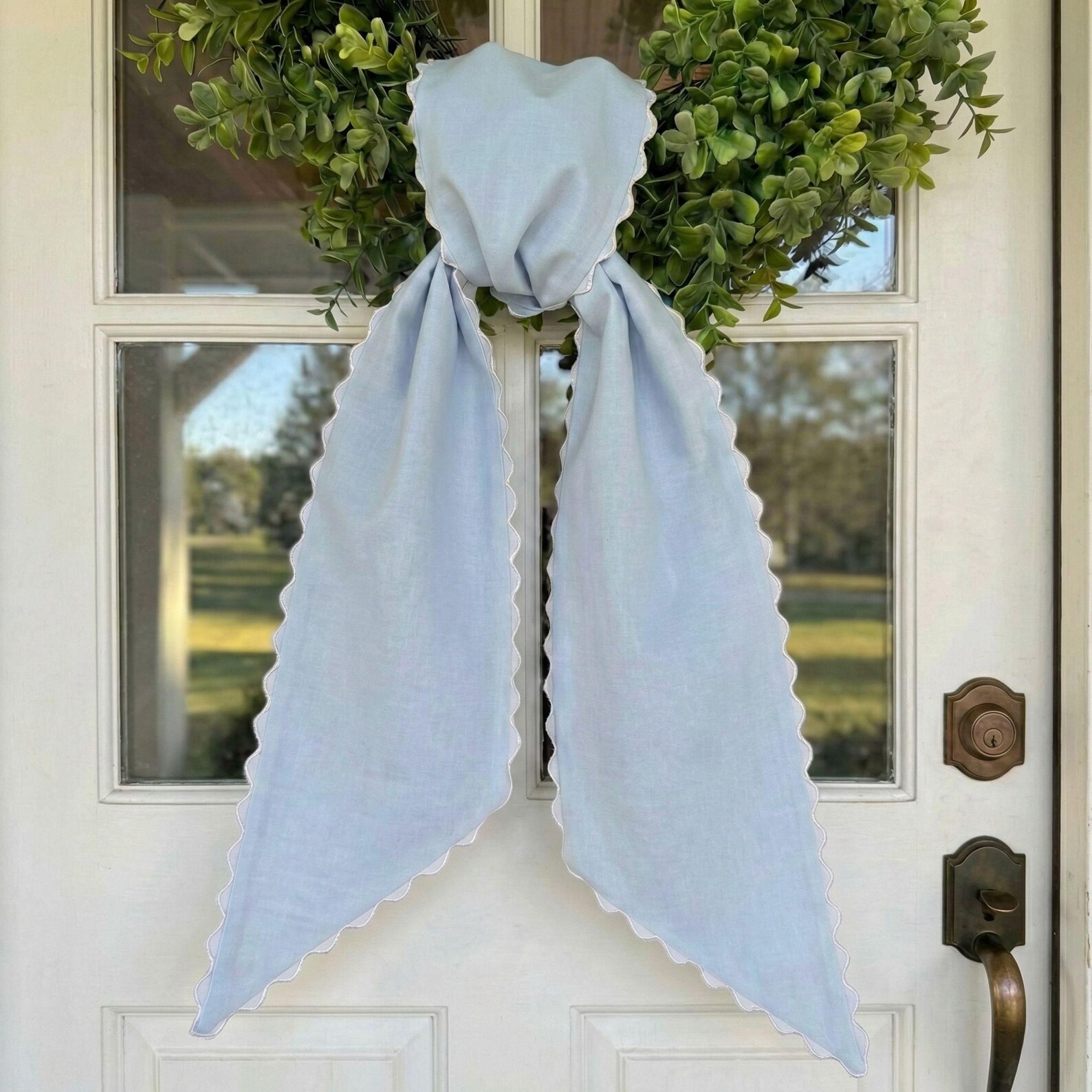 Embroidered Spring Floral Wreath Sash, Light Blue Scalloped Fabric ...