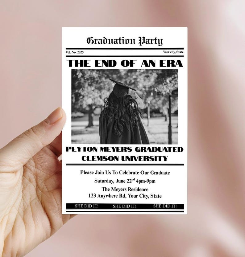 Newspaper Graduation Party Invitation: Canva Template (digital Download ...