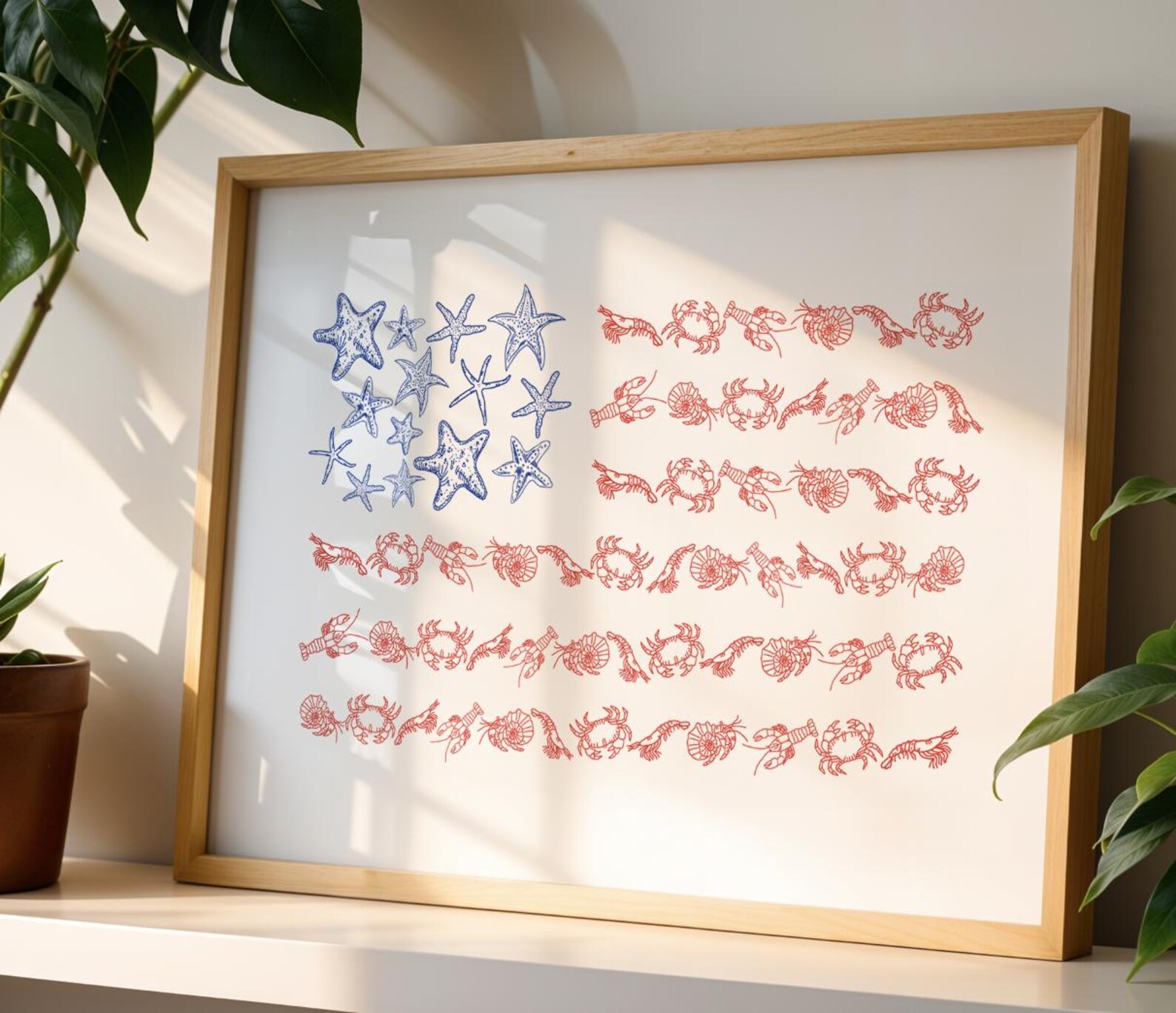 Coastal American Flag Print: Starfish & Crustacean USA Wall Art ...
