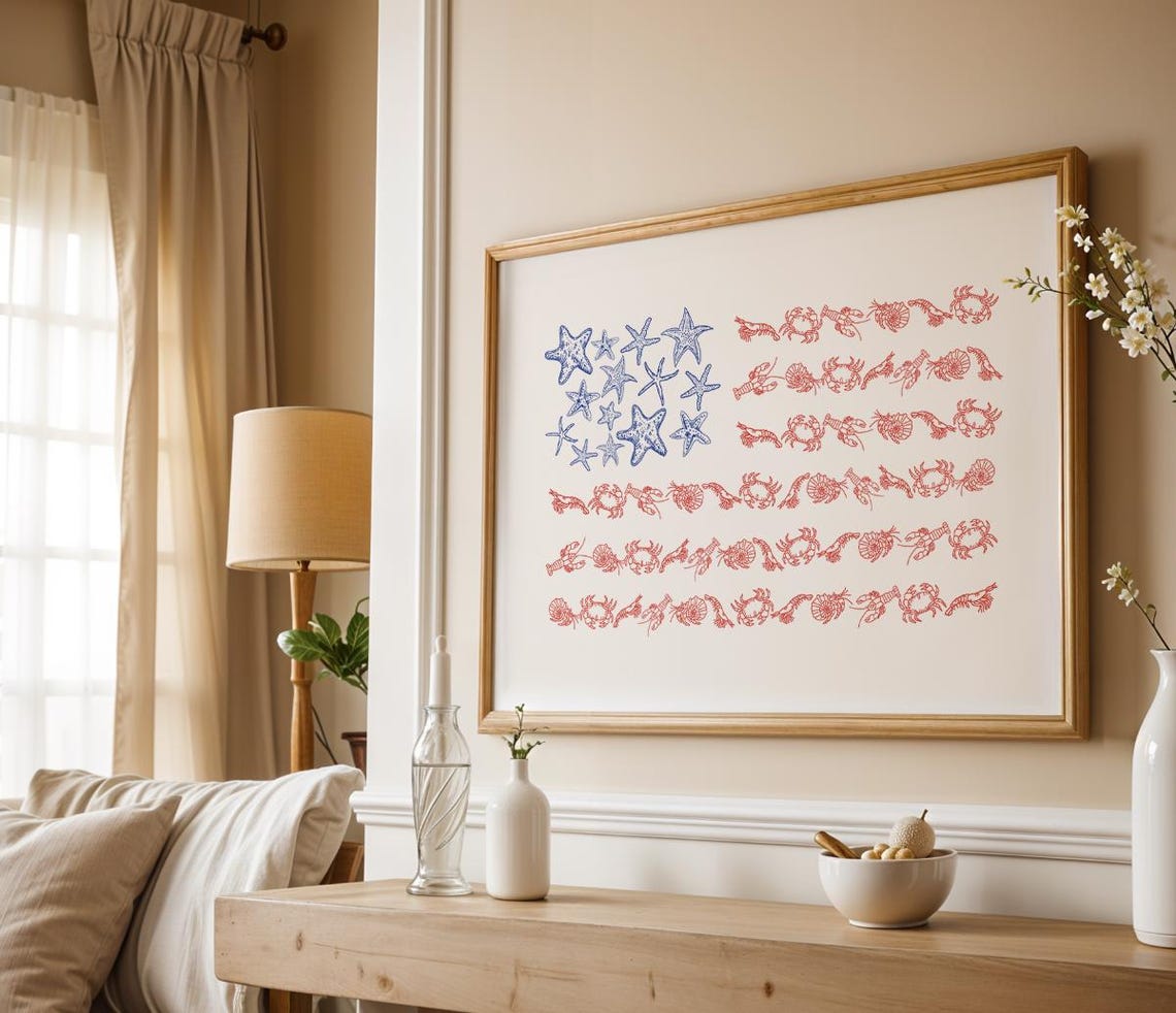 Coastal American Flag Print: Starfish & Crustacean USA Wall Art ...