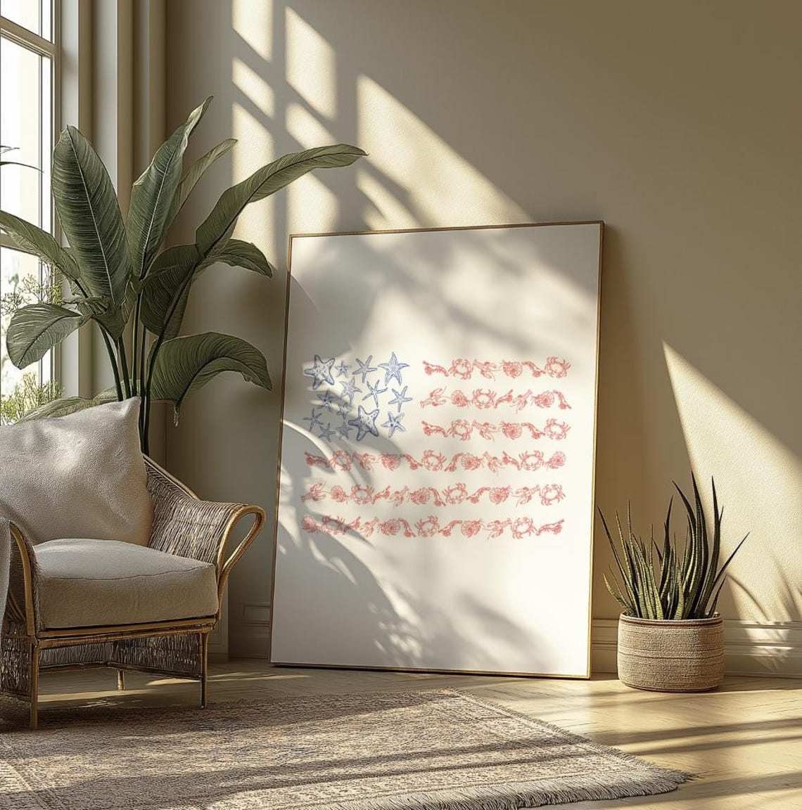 Coastal American Flag Print: Starfish & Crustacean USA Wall Art ...