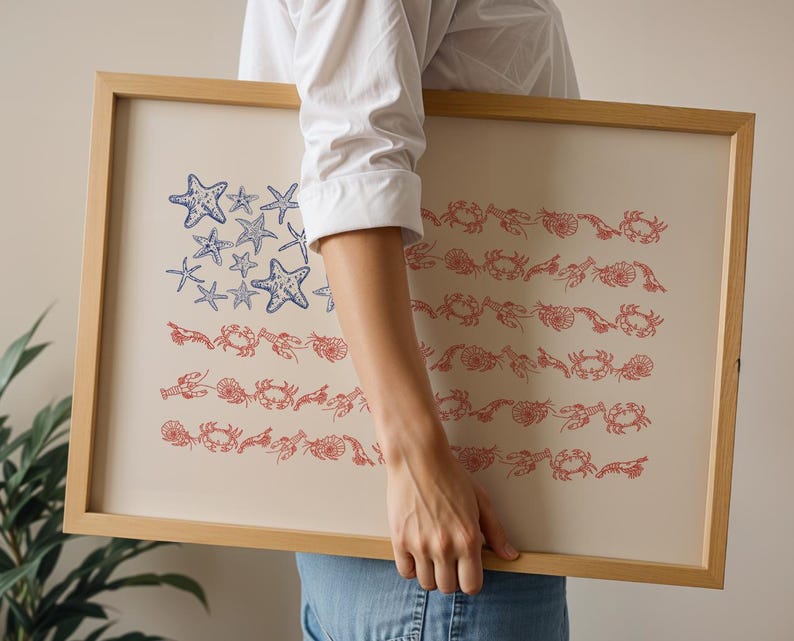 Coastal American Flag Print: Starfish & Crustacean USA Wall Art ...