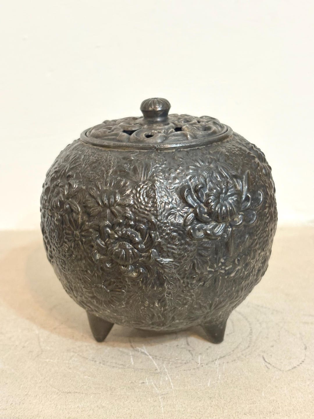 Vintage Asian Pewter Incense Burner Censer | Intricate Floral Relief ...