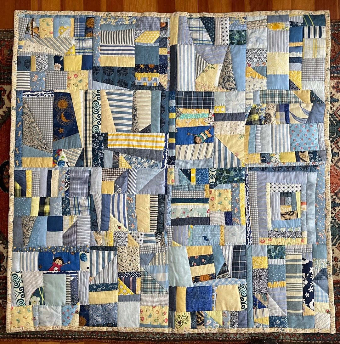 Yellow and Blue Crazy Scrap Quilt Wall Hanging Baby Quilt Hand Made ...