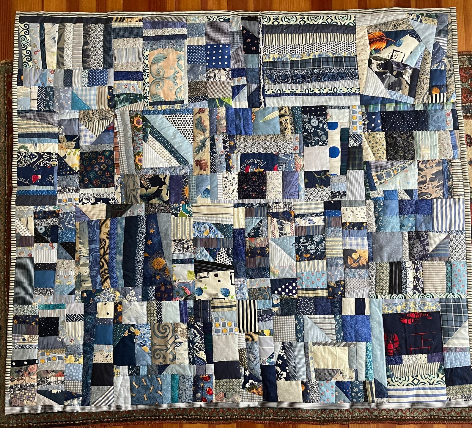 Blue and White Crazy Scrap Quilt Wall Hanging Baby Quilt Hand Made Hand ...
