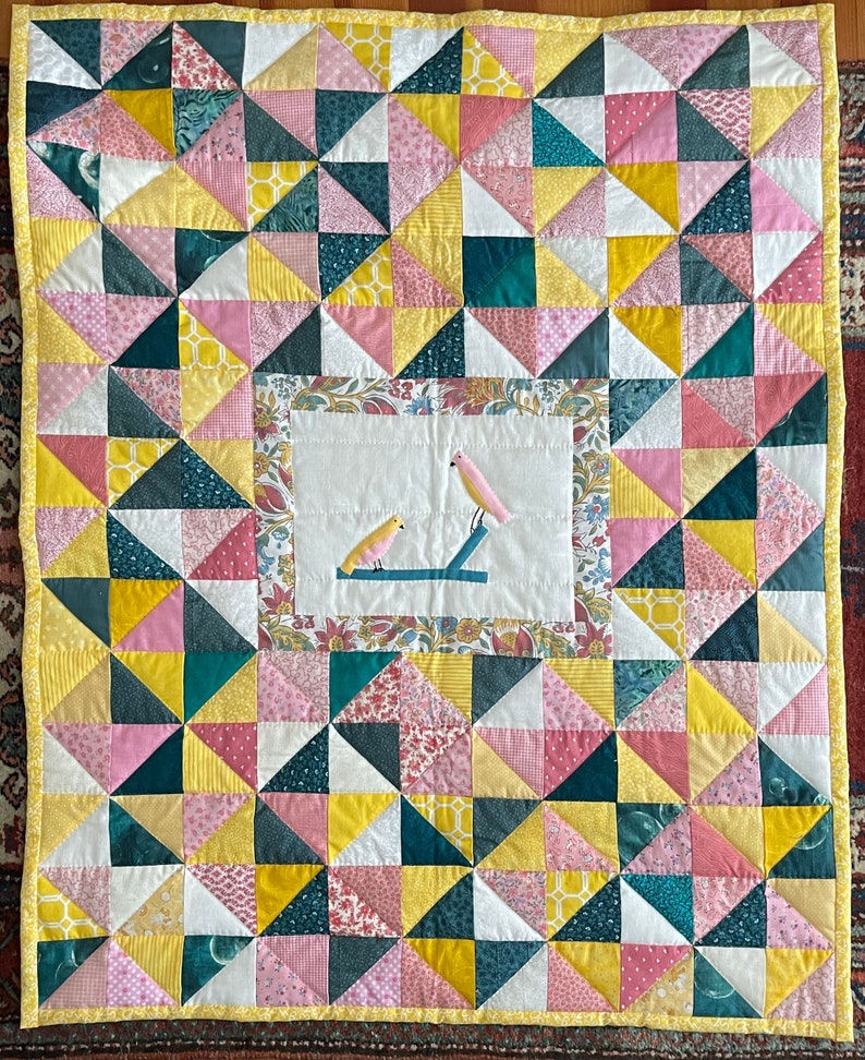 Pink, Yellow & Teal Broken Dishes Quilt With Vintage Applique Hand Made ...