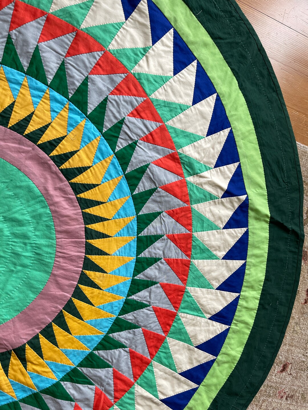 Circular Flying Geese Hand Quilted Tablecloth Vintage Fiesta Colors 57 ...