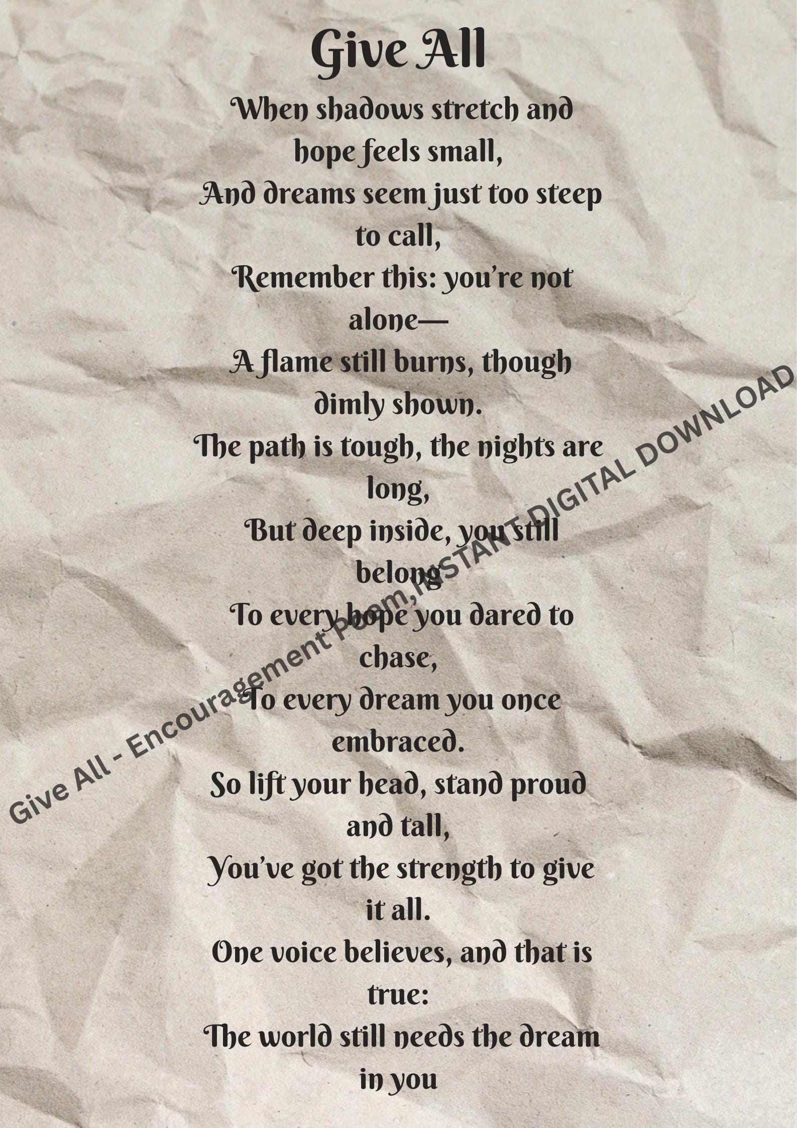 Give All - Encouragement Poem,instant DIGITAL DOWNLOAD, Uplifting Poem ...