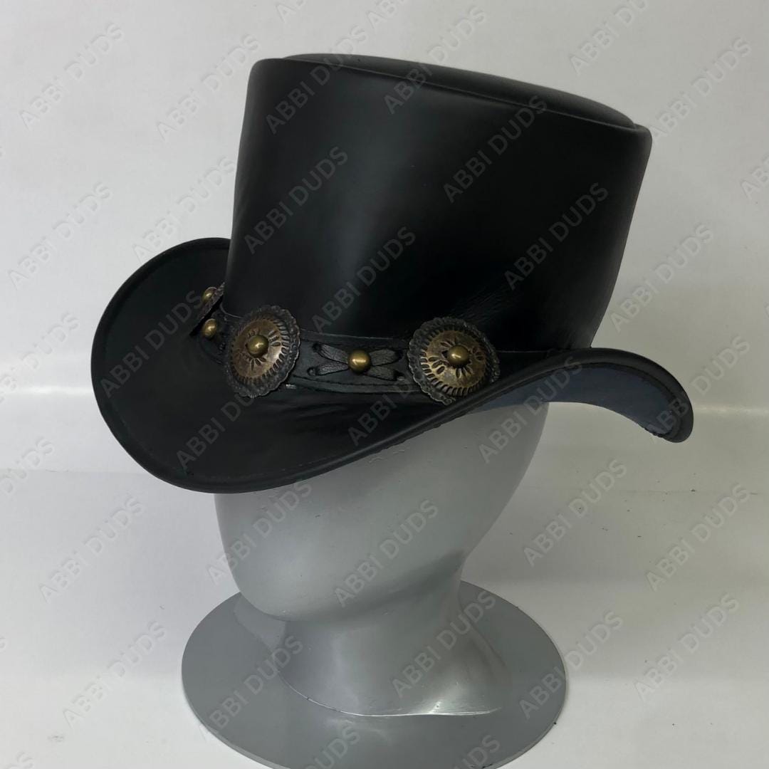 Black Leather Top Hat Handmade Steampunk Western Hat With Brass Conchos ...