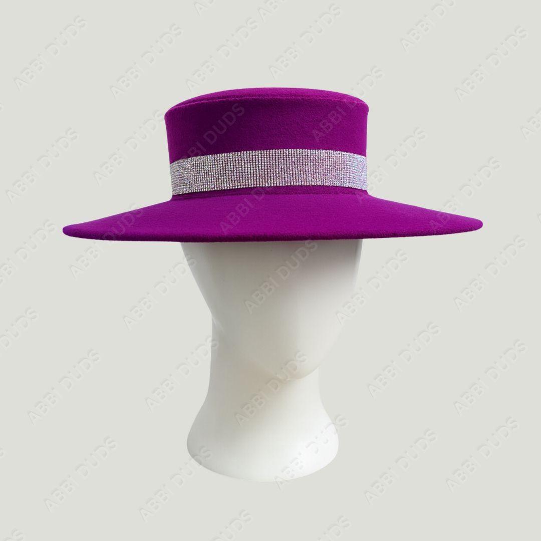 Purple Wool Flat Top Hat – Elegant Rhinestone Band Formal Hat for Women ...