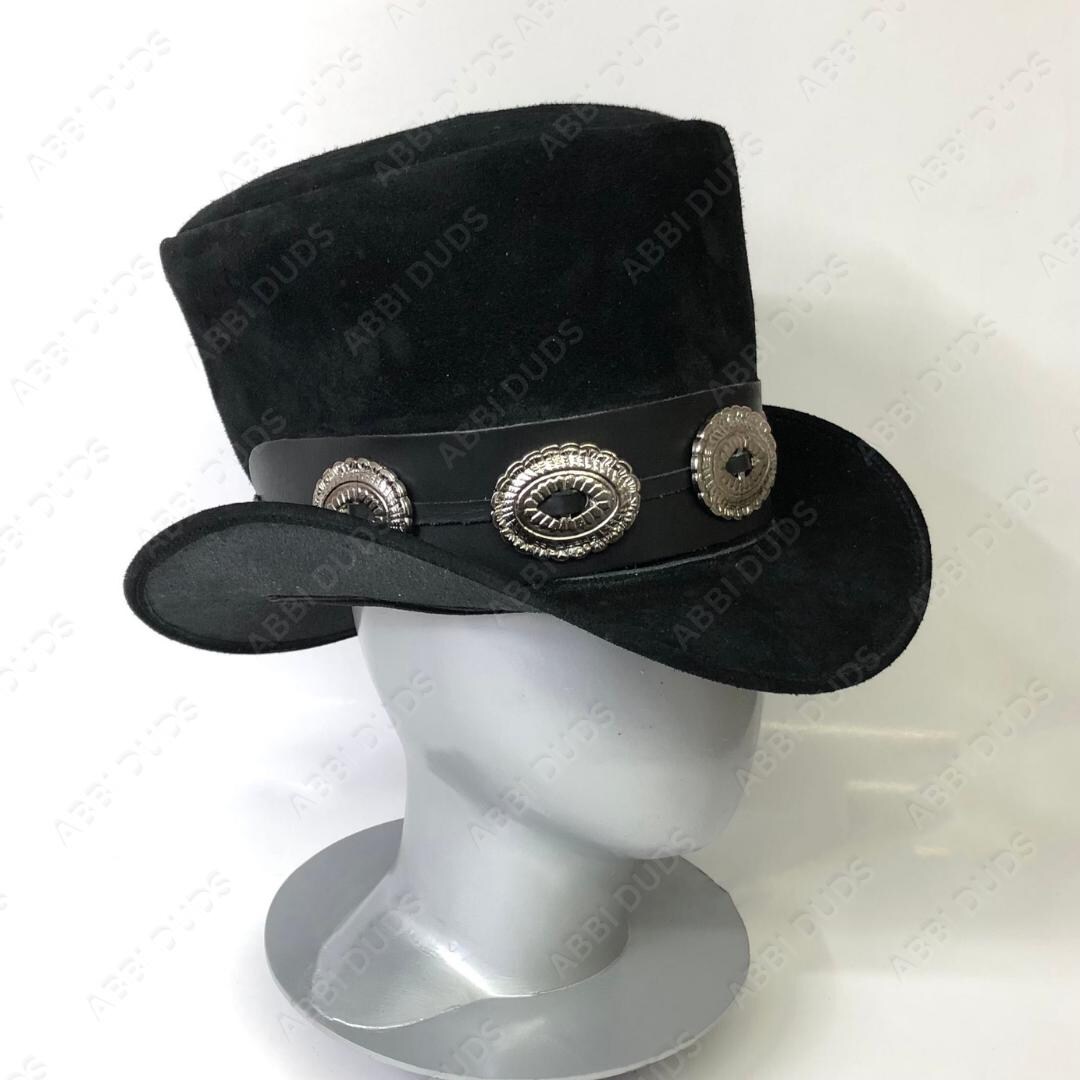 Black Suede Leather Top Hat With Silver Concho – Handmade Steampunk ...