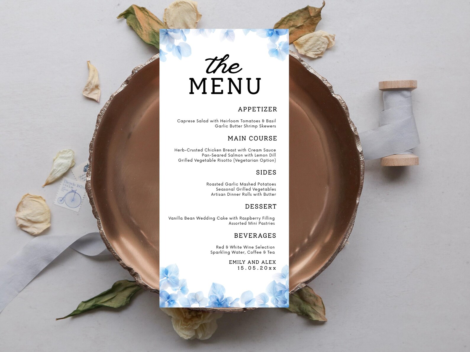 Elegant Blue Wedding Menu Template: Modern Printable Design (4x9" Canva ...