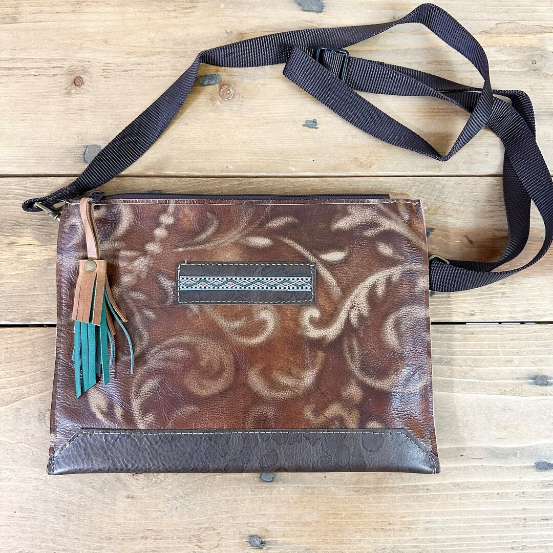 Scrolls Flat Leather Shoulder Bag Handmade Leather Travel Cross Book ...