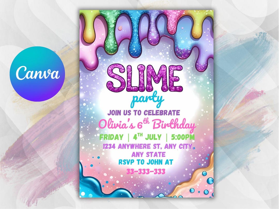 Neon Slime Birthday Invitation: Editable Glitter Party Template (5x7 ...