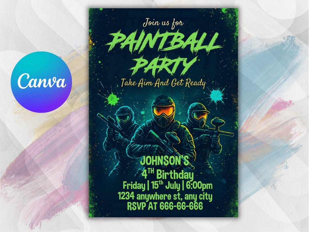 Paintball Party Invitation Template, Editable Canva (5x7 Inches) - Etsy