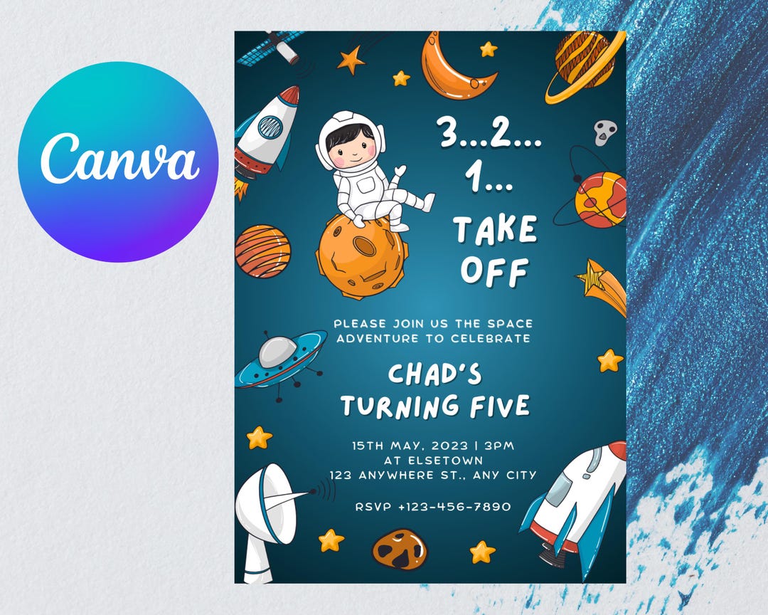 Editable Astronaut Birthday Invitation, Space Party Canva Template ...