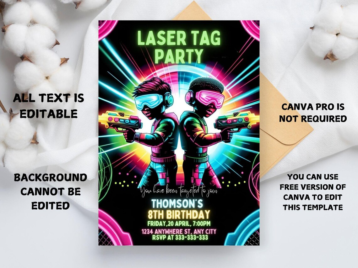 EDITABLE Laser Tag Birthday Invitation, Laser Tag Party Invite Template ...