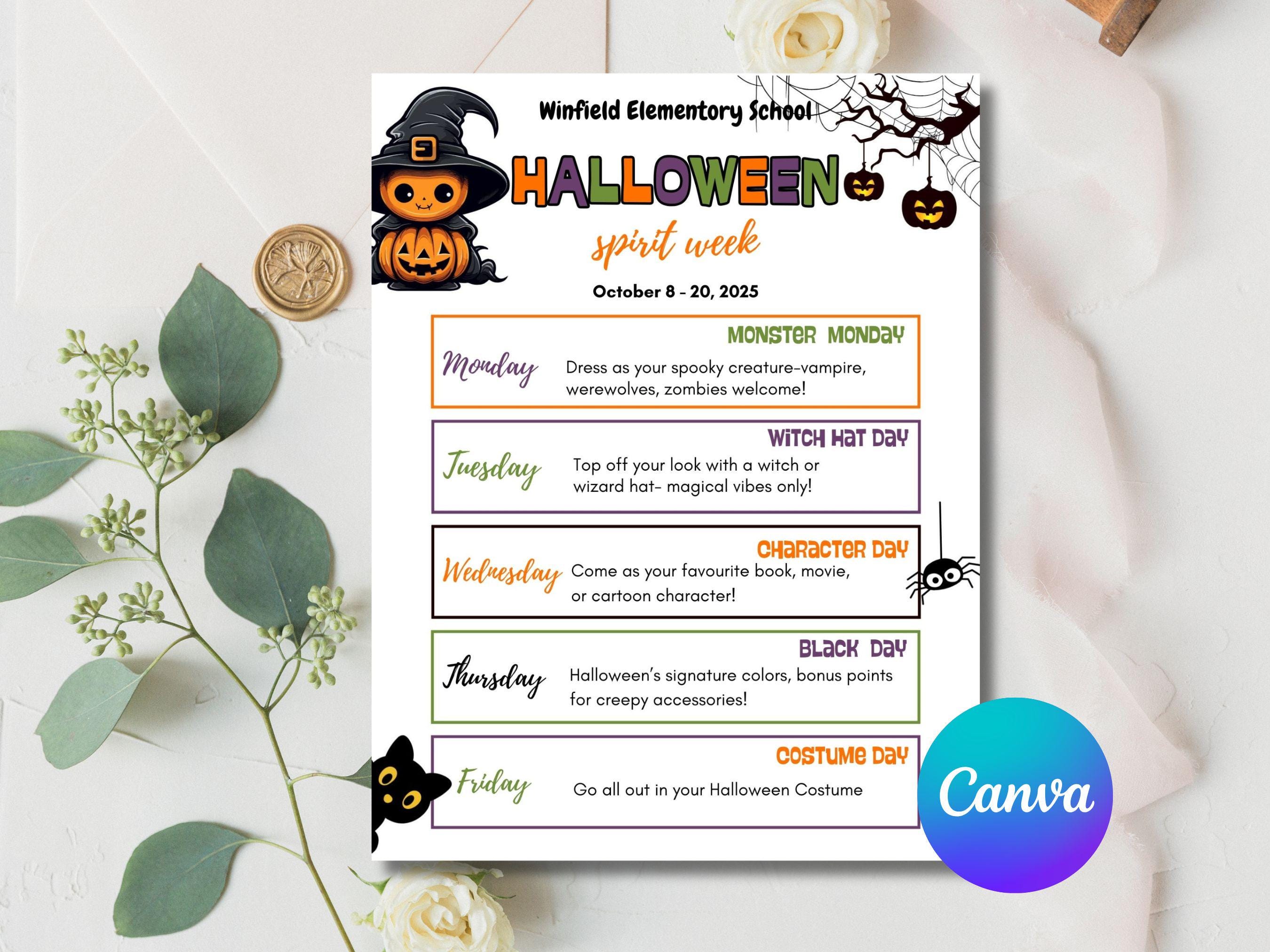 Editable Halloween Spirit Week Flyer: School Dress up Planner (8.5x11 ...