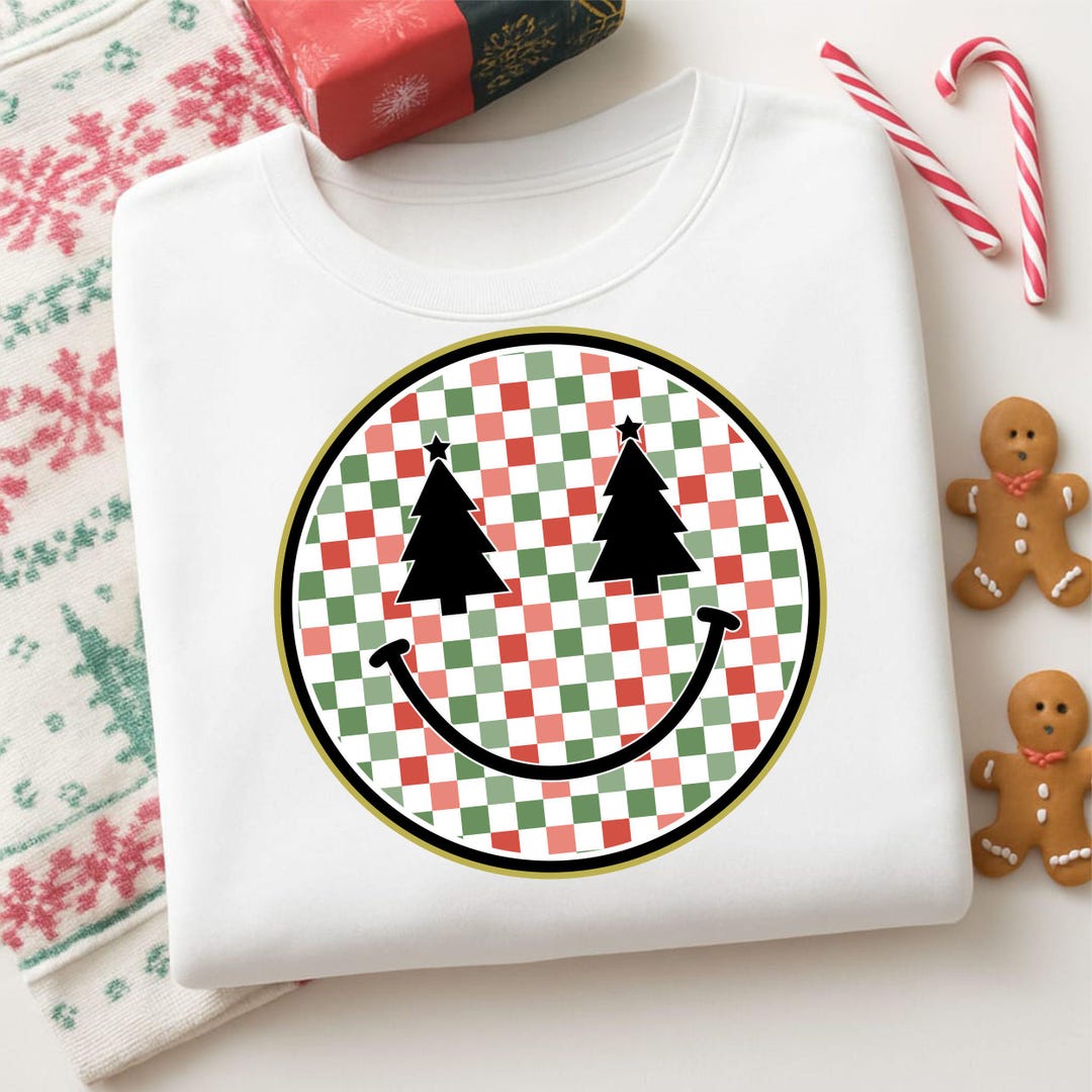 Retro Smiley Christmas Svg Png, Trendy Checkered Xmas Face Svg, Preppy ...