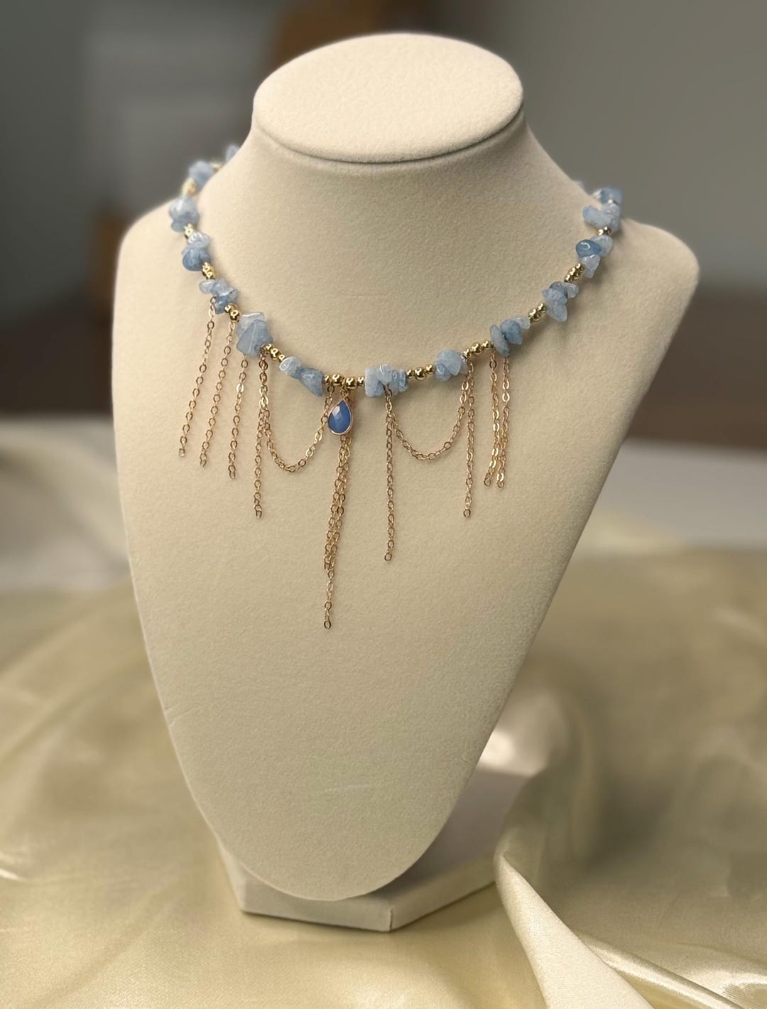 Bohemian Water Drop Pendant Necklace, Handmade Light Blue Natural Stone ...