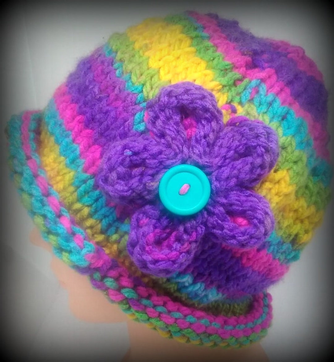 HAND KNIT HAT Colorful Knit Hat Knit Hat Colorful Hat Hat Knit Flower ...