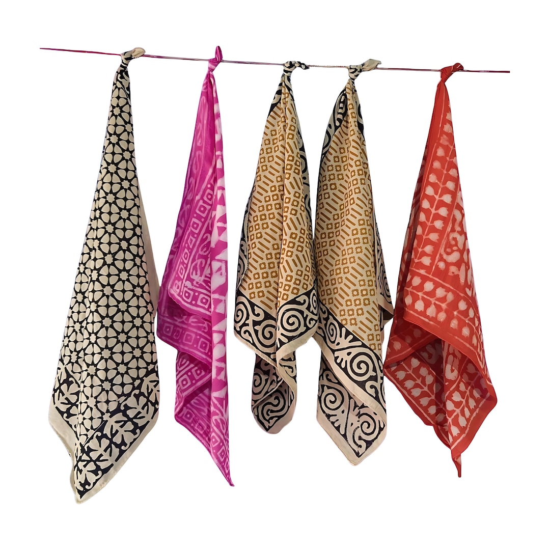 Block Print Cotton Bandanas (set of 5): Handcrafted Indian Textile Art ...