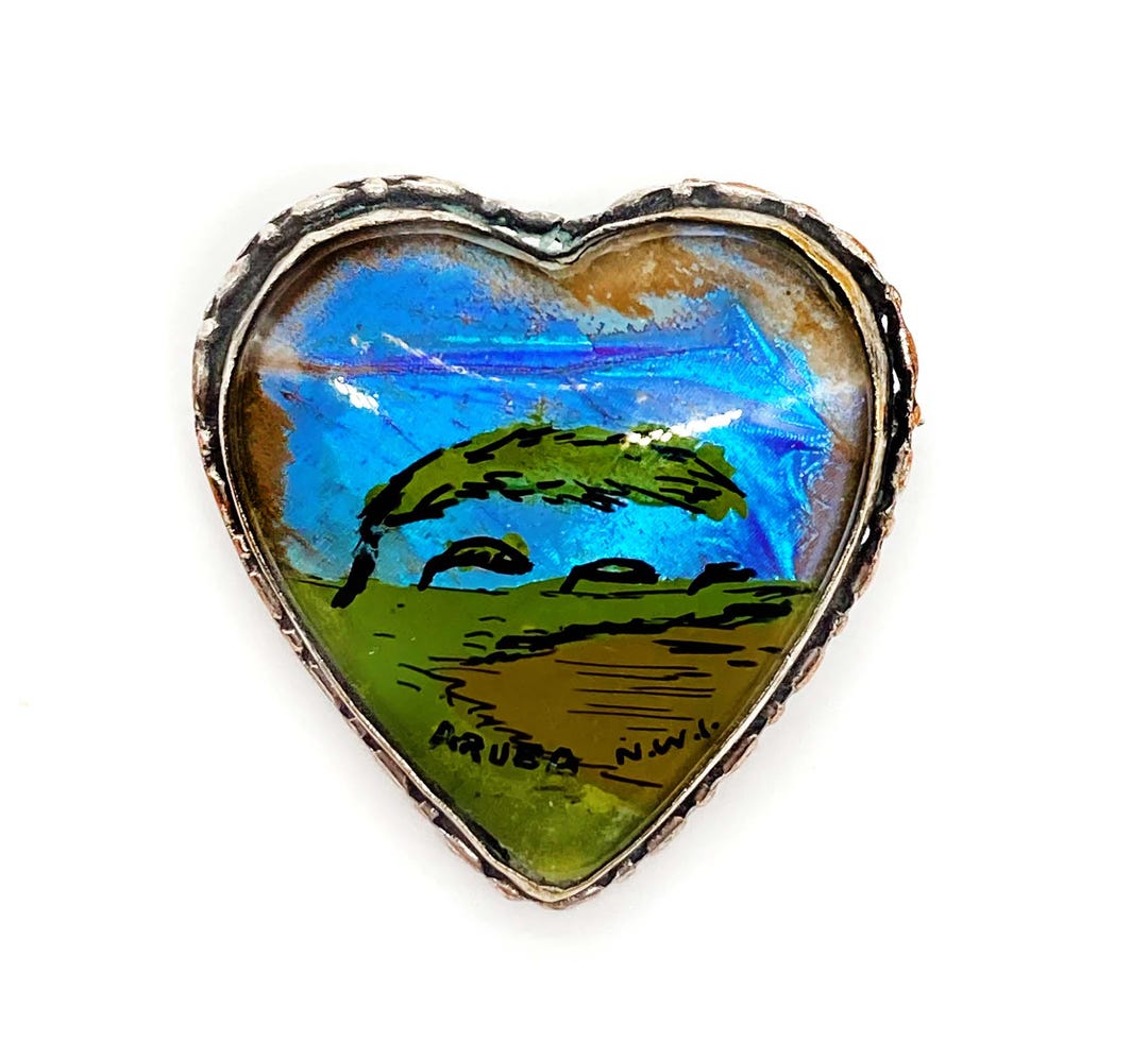 Vintage Tropical Scene Hand-painted Morpho Butterfly Wing Heart-shaped ...
