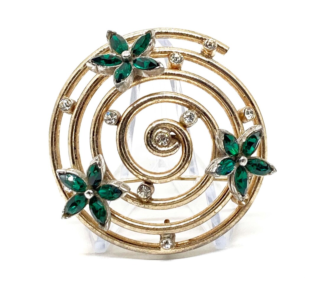 Signed BARCLAY Emerald Navette and Crystal Clear Chaton Rhinestone ...