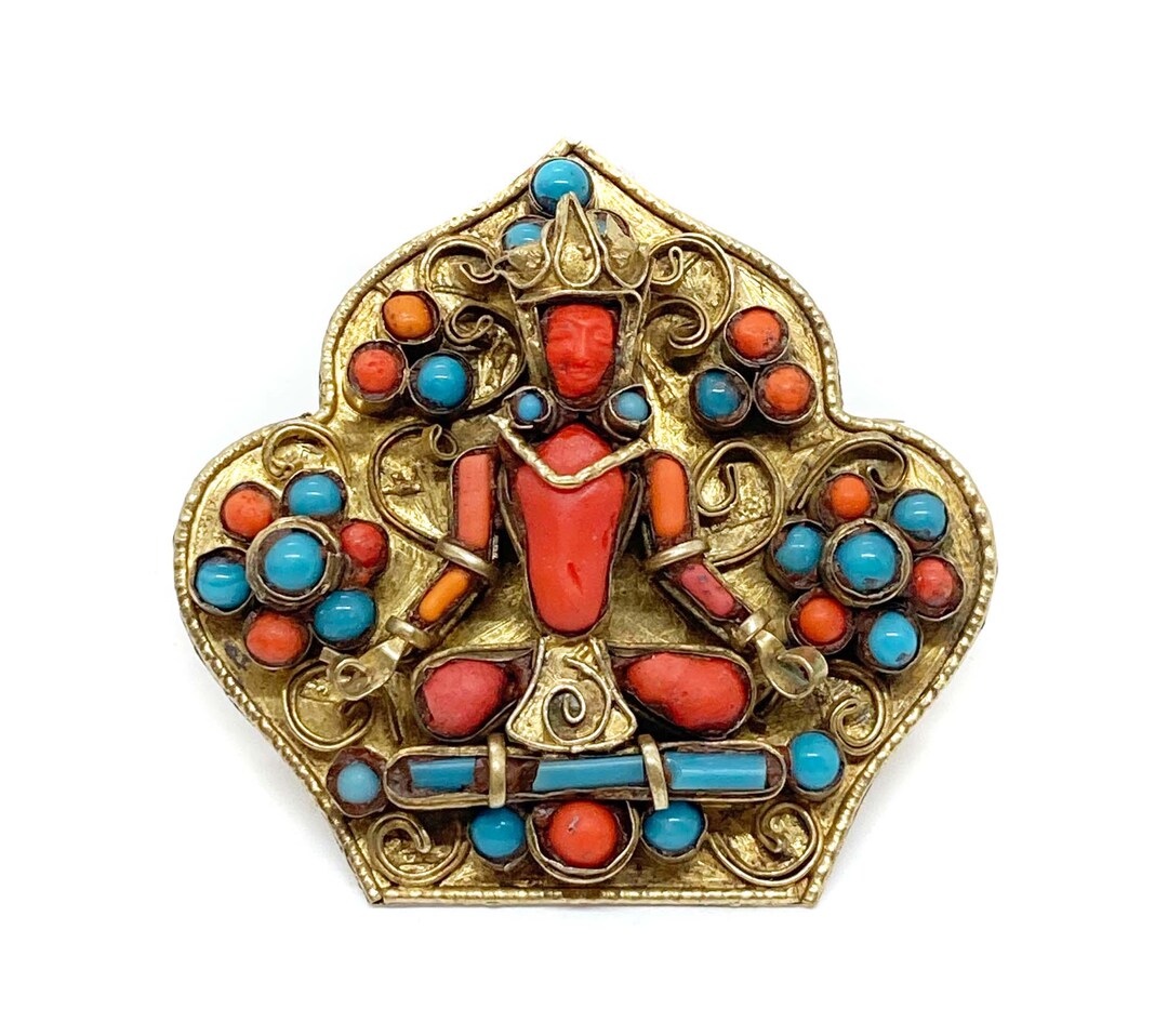 Vintage Turquoise and Coral Coloured Glass Insert Brass Hindu Goddess ...