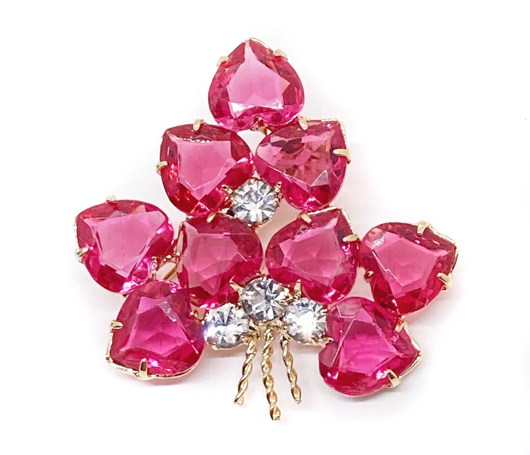 Vintage Rose Pink Heart-shaped Rhinestone and Crystal Chaton Brooch - Etsy