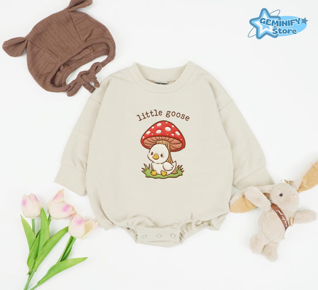 Embroidered Little Goose With Cute Mushroom Bubble Romper, Funny ...