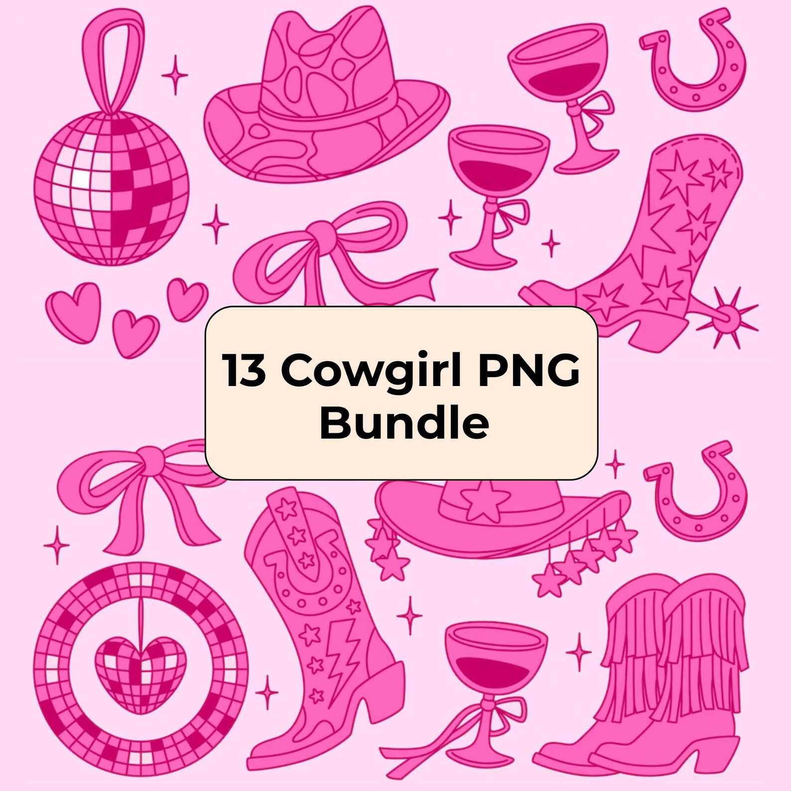 13 Cowgirl PNG Bundle, Pink Western Clipart, Retro Cowgirl Hat & Boot ...