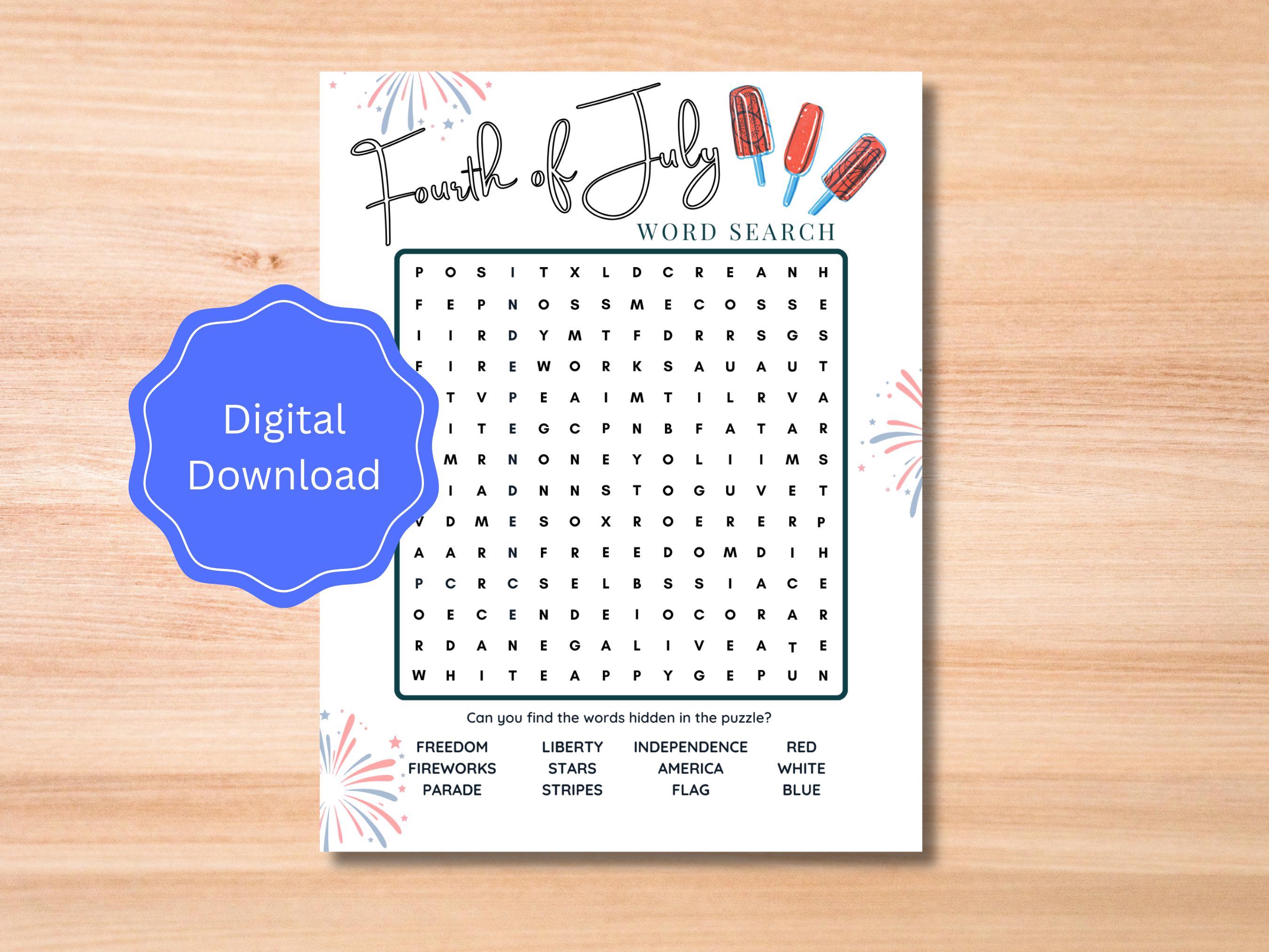 4th of July Word Search Printable, Patriotic Party Game, Independence ...