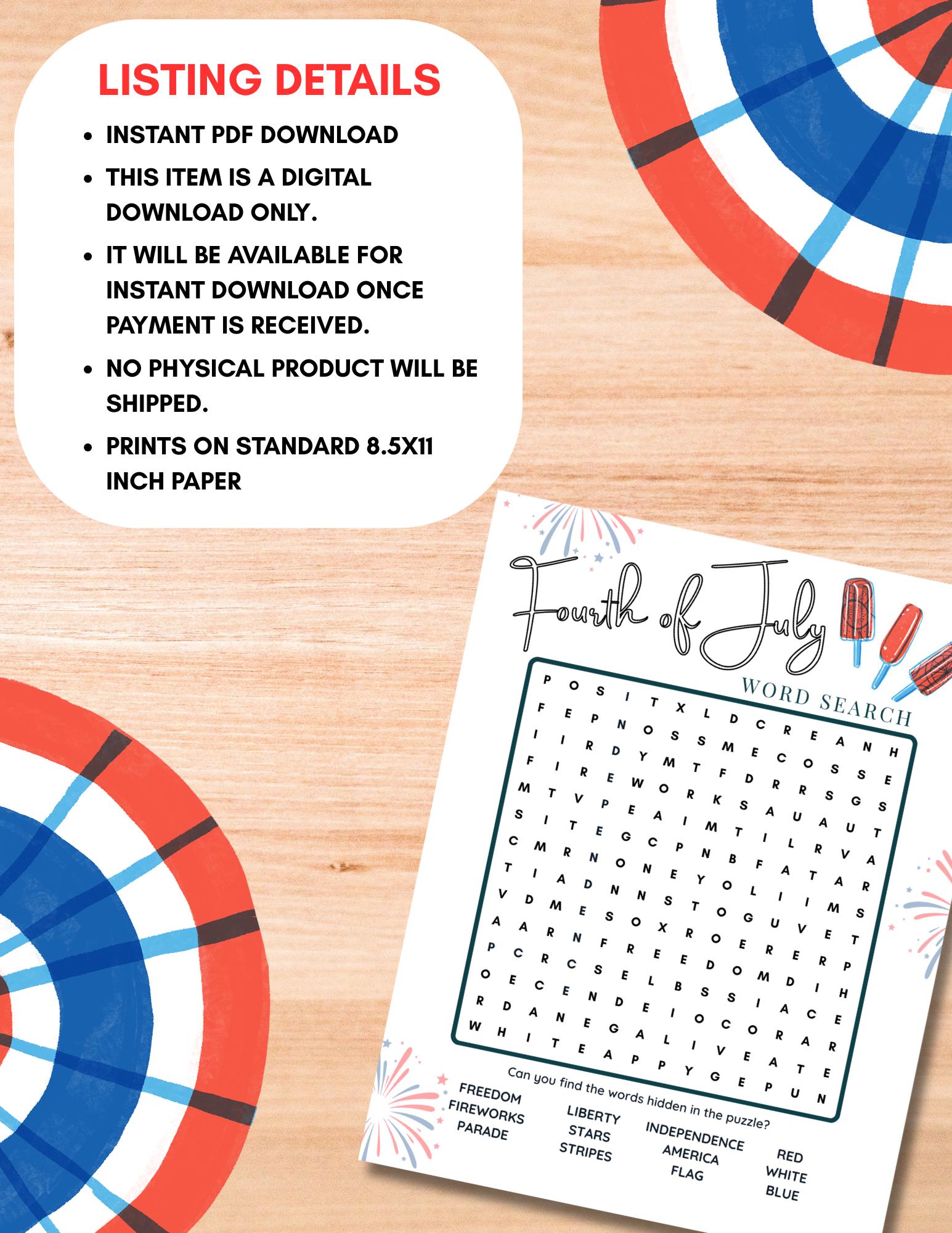 4th of July Word Search Printable, Patriotic Party Game, Independence ...