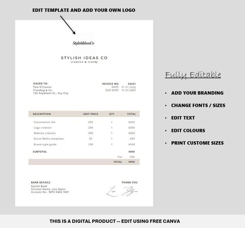 Editable Invoice Template, Professional Business Invoice, Canva ...