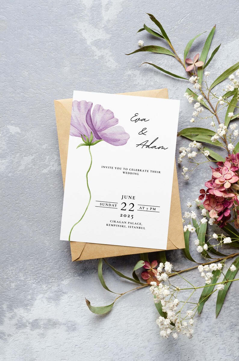 Editable Wedding Invitation Template – Elegant Purple Floral Design ...