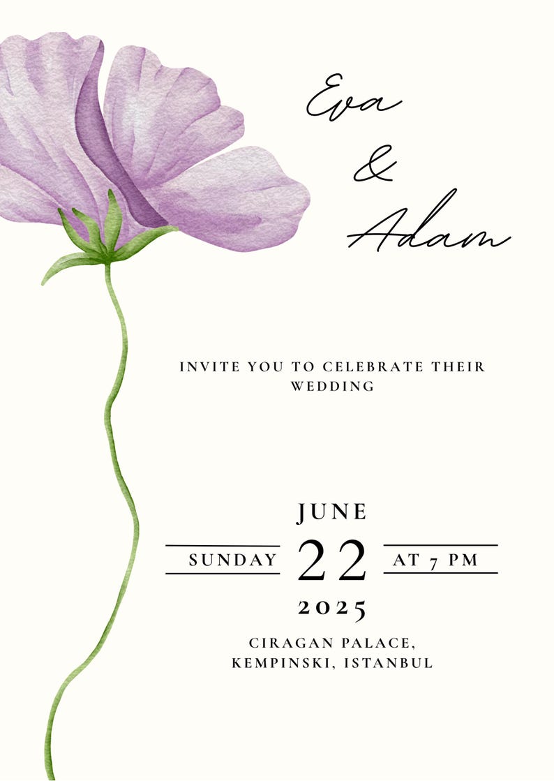 Editable Wedding Invitation Template – Elegant Purple Floral Design ...