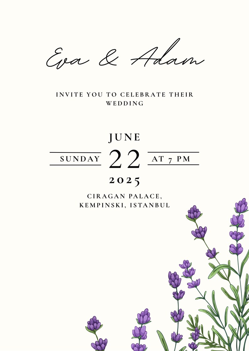 Editable Wedding Invitation Template – Elegant Minimalist Lilac Floral ...