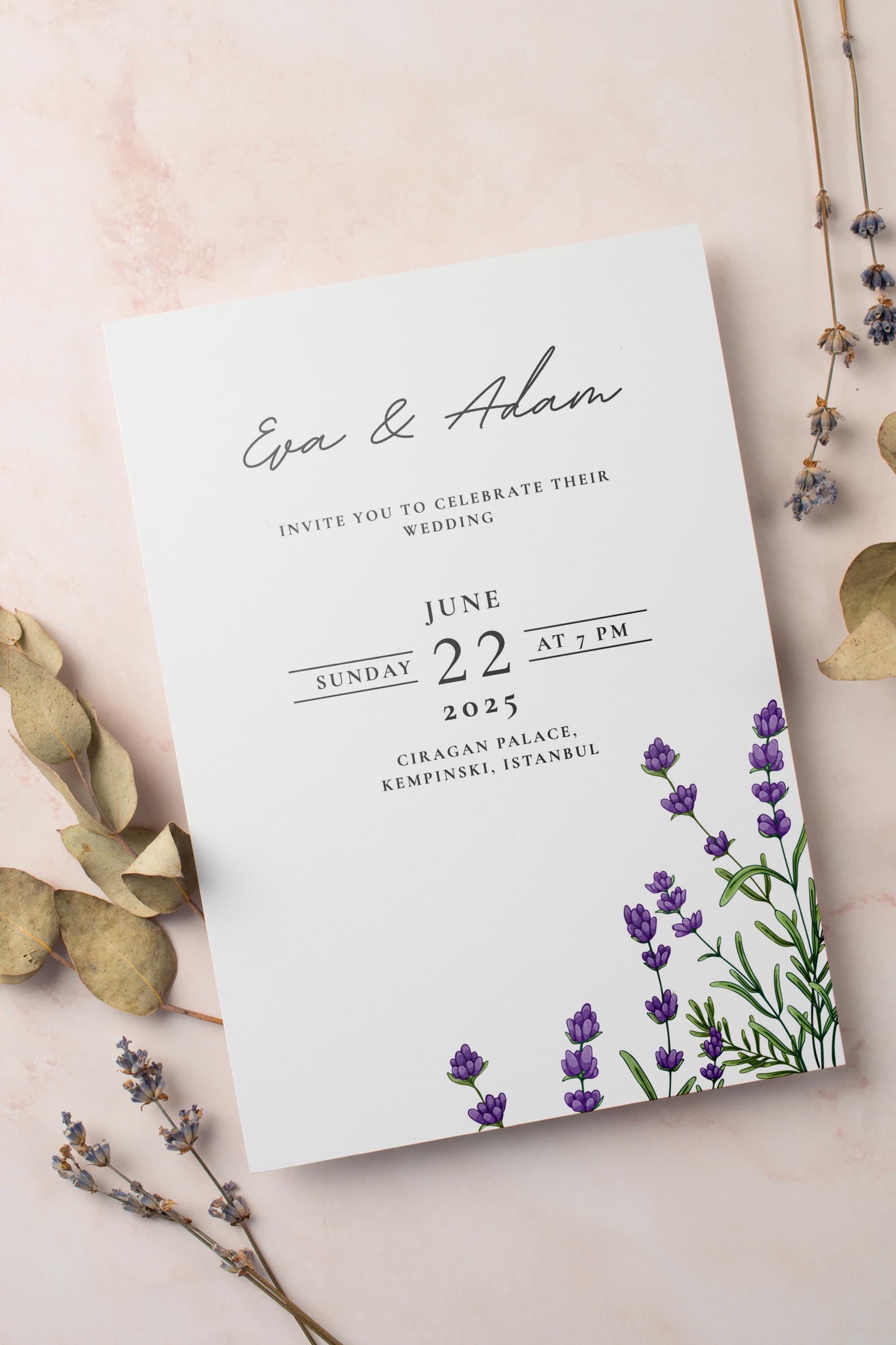 Editable Wedding Invitation Template – Elegant Minimalist Lilac Floral ...
