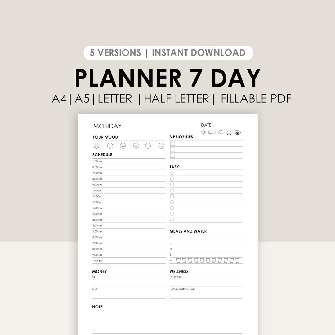 Weekly Planner Printable, 7-day Schedule, Daily To-do List, Work ...