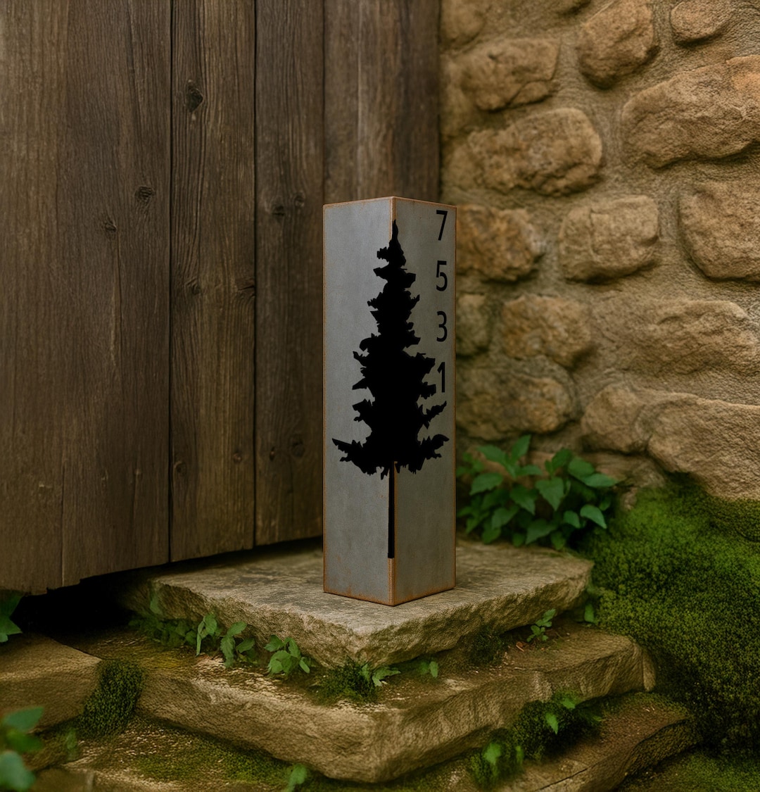 Custom Pine Tree Metal Garden Column With House Number, Collapsible Raw ...