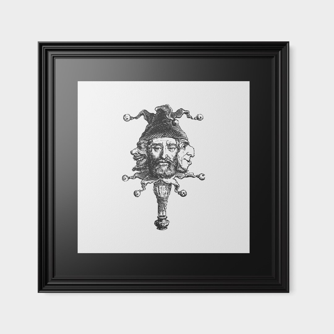 Vintage Jester Engraving Art Print – Surreal Three Faces Illustration ...