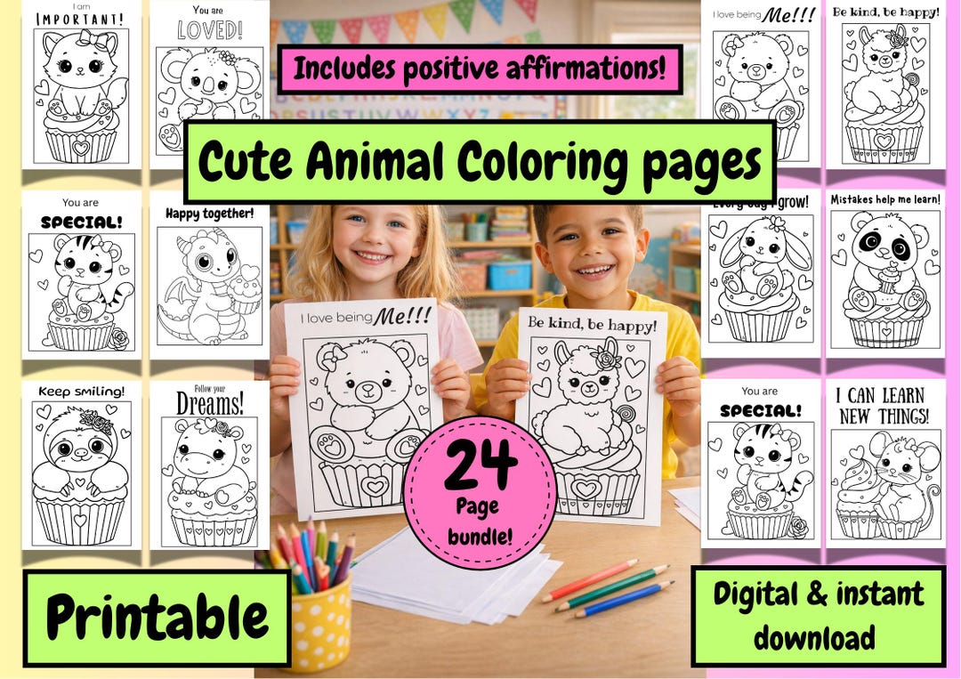 Animal Coloring Pages for Kids | Positive Affirmations Bundle (digital ...