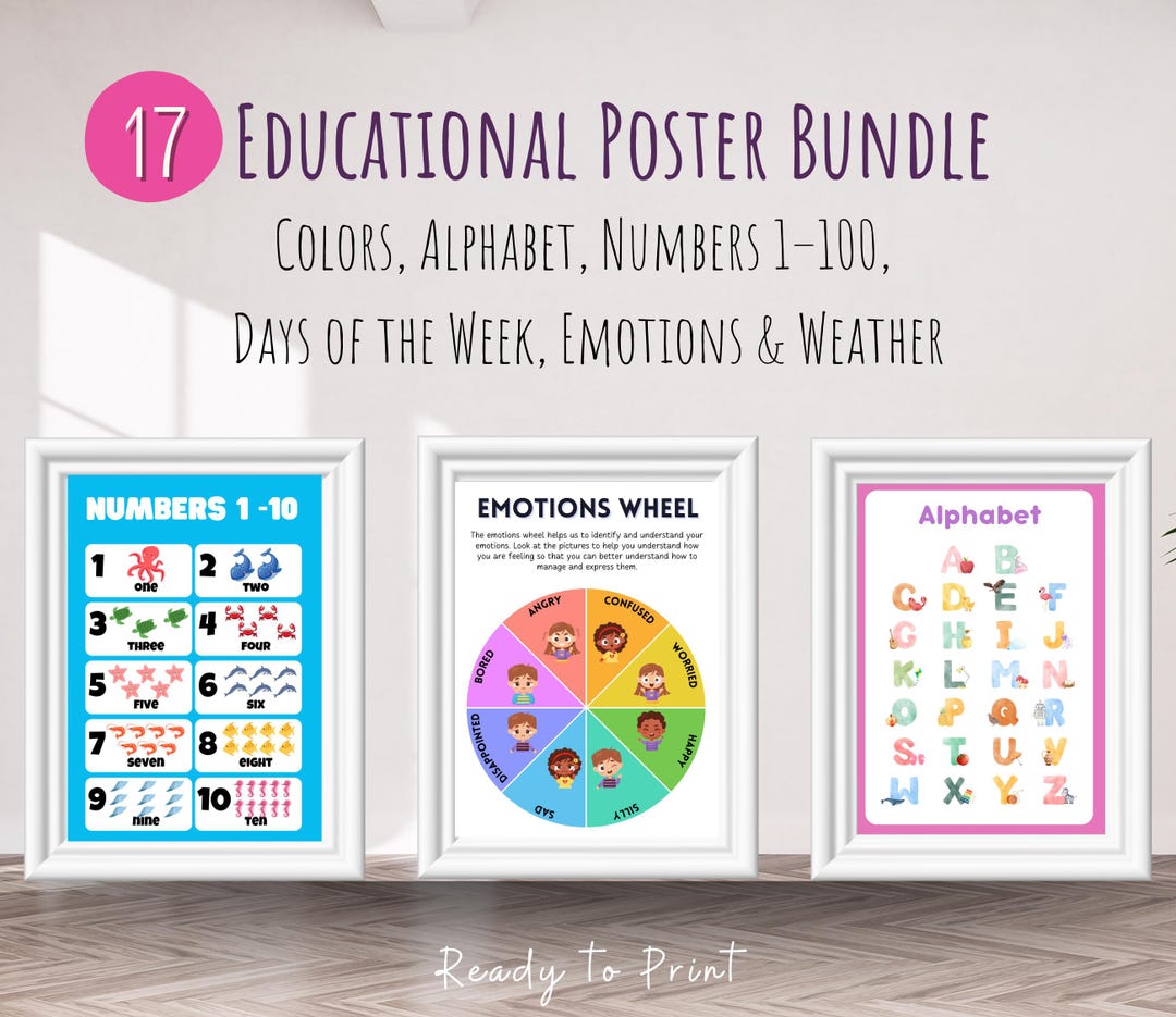 Educational Poster Bundle – Colors, Alphabet, Numbers 1–100, Days of ...