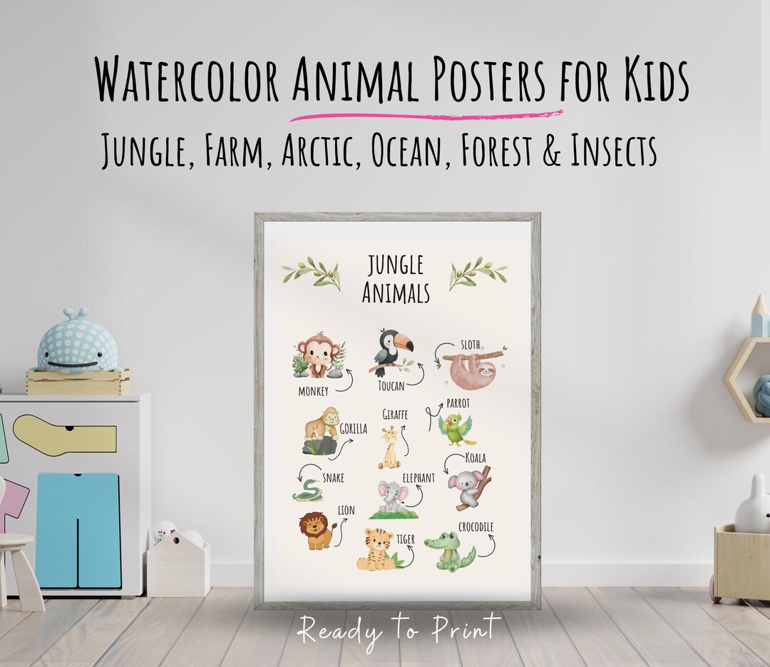 Watercolor Animal Posters for Kids – Jungle, Farm, Arctic, Ocean ...