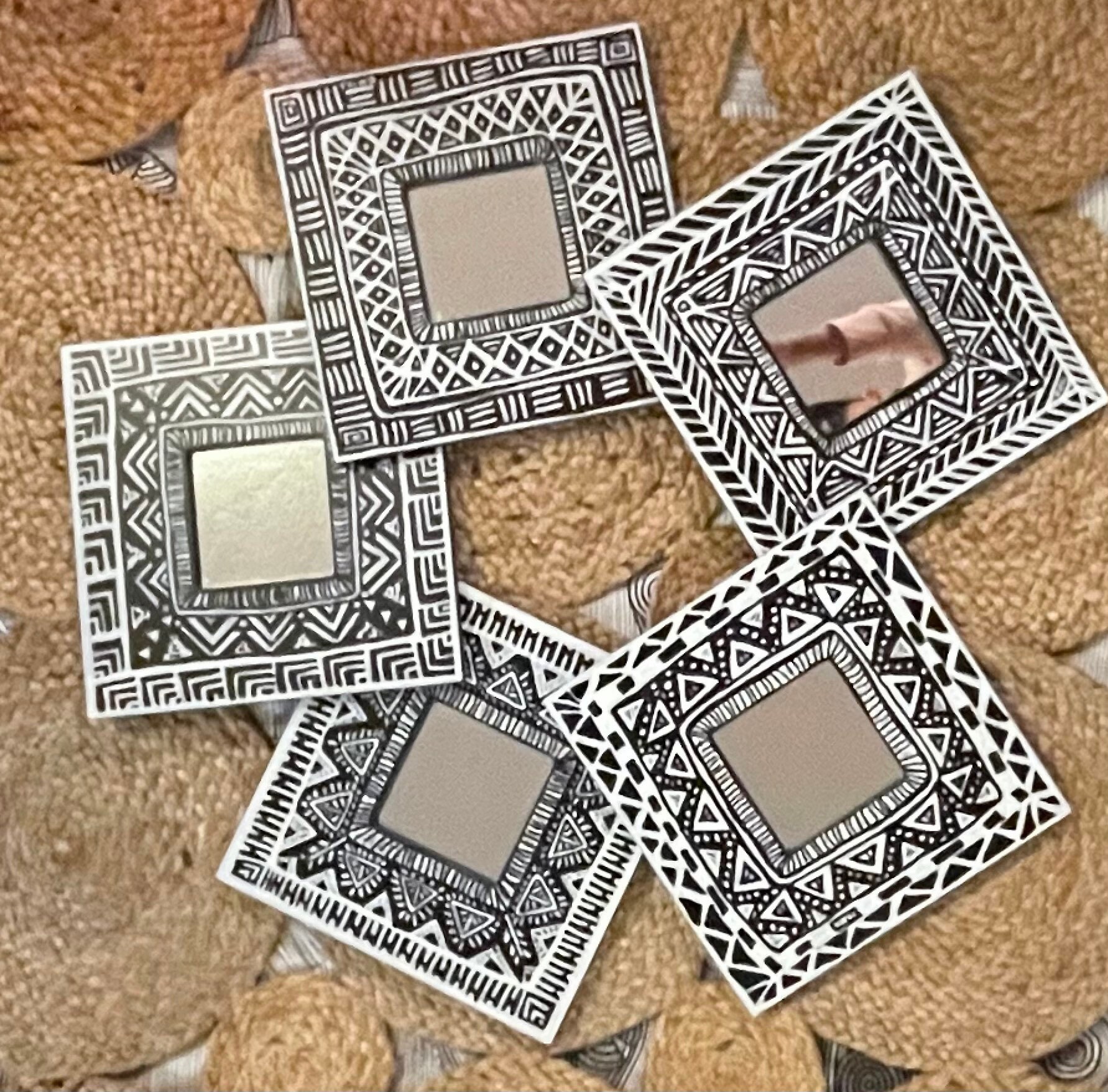 Black White Boho Chic African Inspired Accent Mirrors Geometric Hand ...